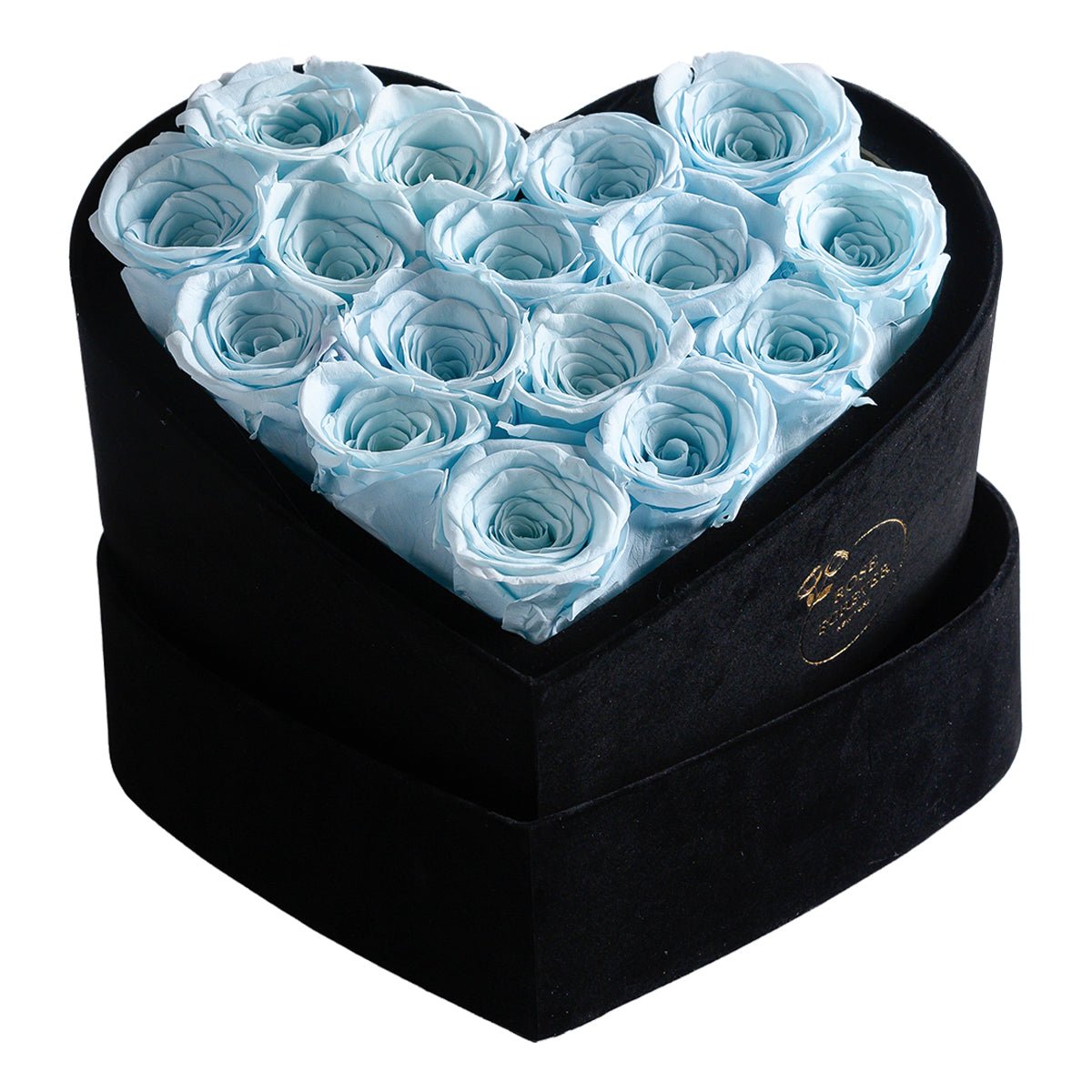 16 Baby Blue Roses - Black Velvet Heart Box | Flower Delivery – Rose ...