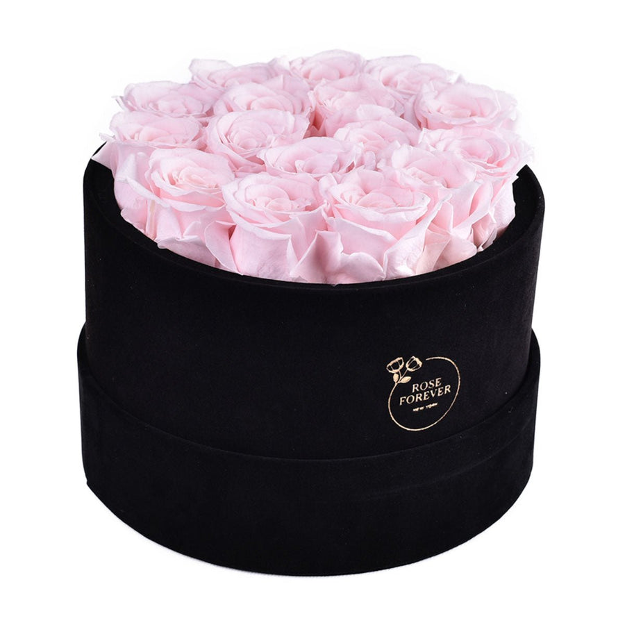 16 Light Pink Roses - Black Round Velvet Box | Flower Delivery – Rose ...